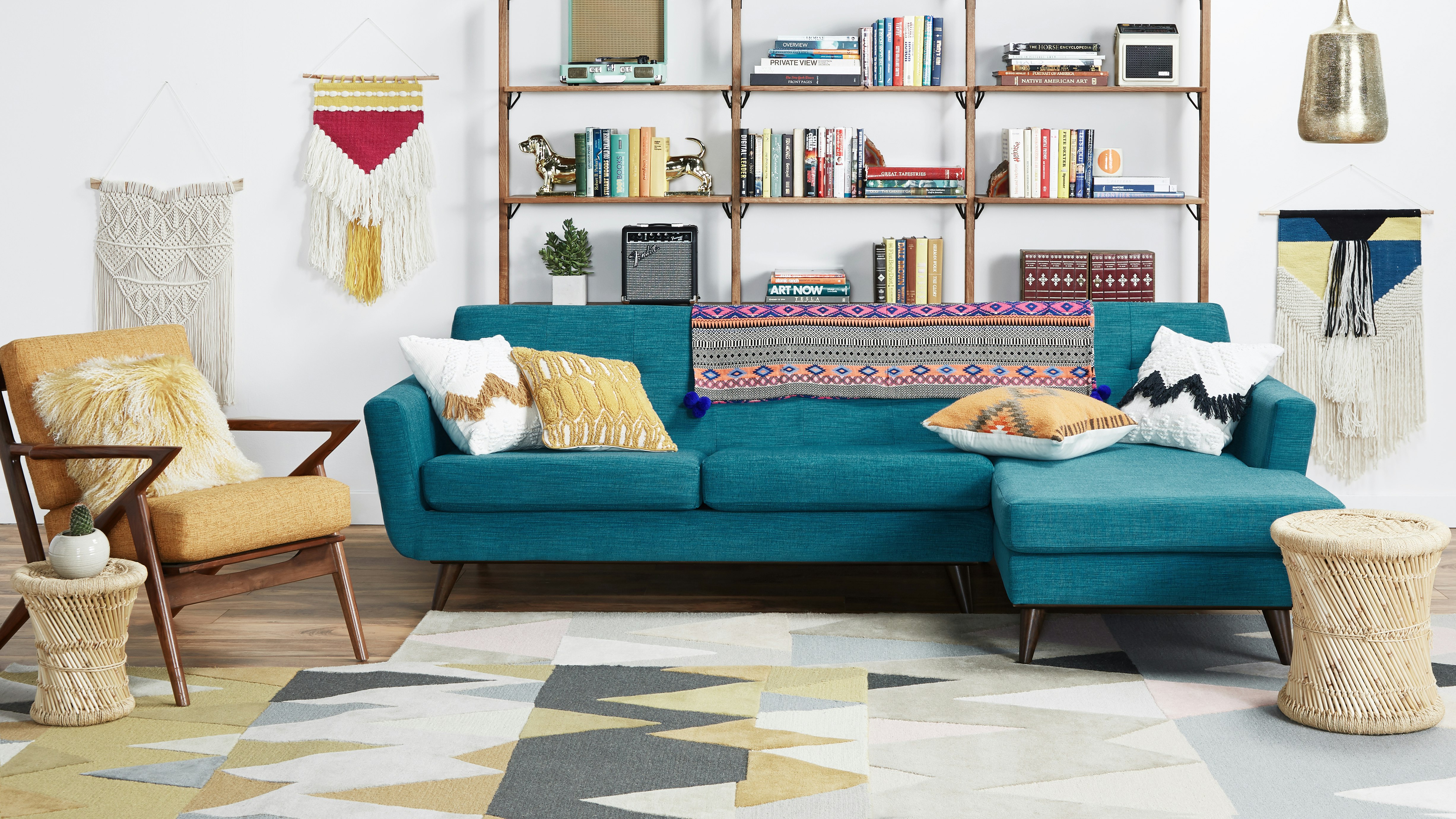 Yellow Hughes Mid Century Modern Sectional Sofa Bentley Daisey Mocha Right